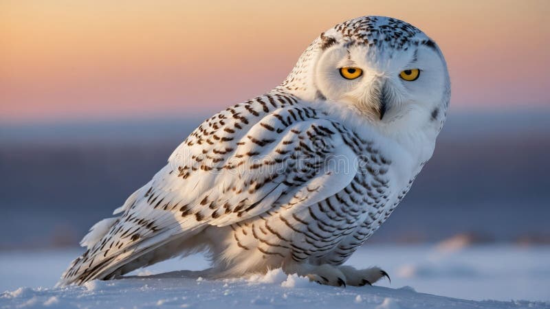 A Snowy Owl Perched on a Snowy Landscape during Sunset Stock ...
