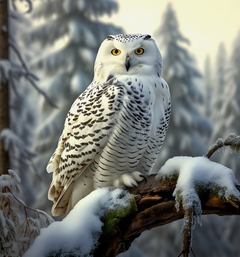 Snowy Owl Perched on a Tree Branch in a Snowy Forest Stock Illustration ...