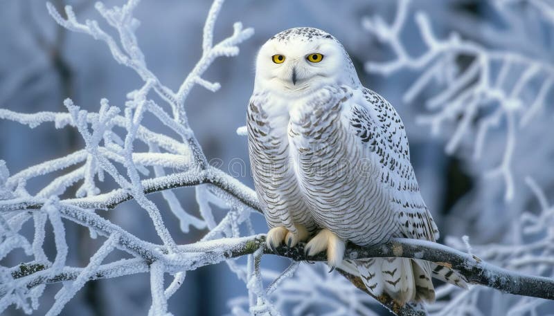 Snowy Owl Perching on Branch, Looking at Camera in Winter Stock ...
