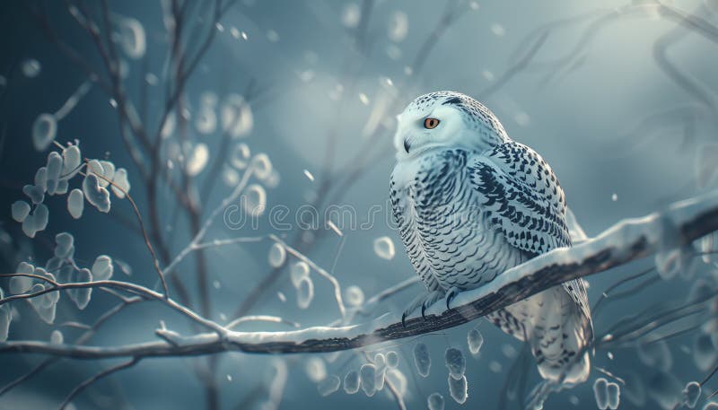 Snowy Owl Perching on Branch, Looking at Camera in Winter Stock ...