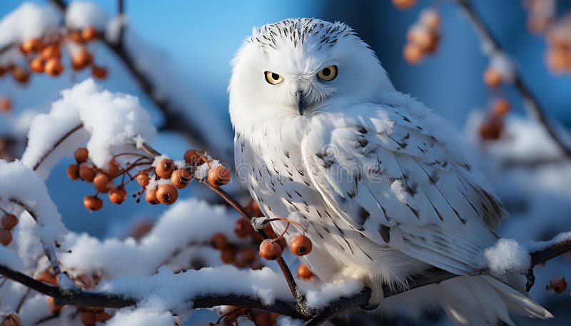 Snowy Owl Perching on Branch, Looking at Camera in Winter Generated by ...