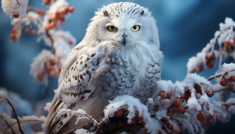Snowy Owl Perching on Branch, Looking at Camera in Winter Generated by ...