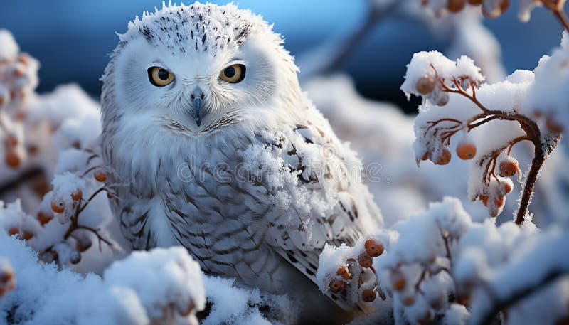 Snowy Owl Perching on Branch, Looking at Camera in Winter Generated by ...