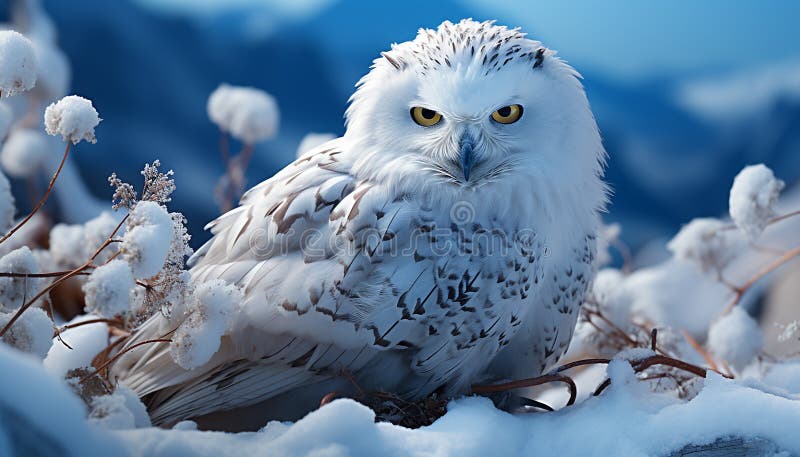 Snowy Owl Perching on Branch, Staring at Camera in Winter Generated by ...