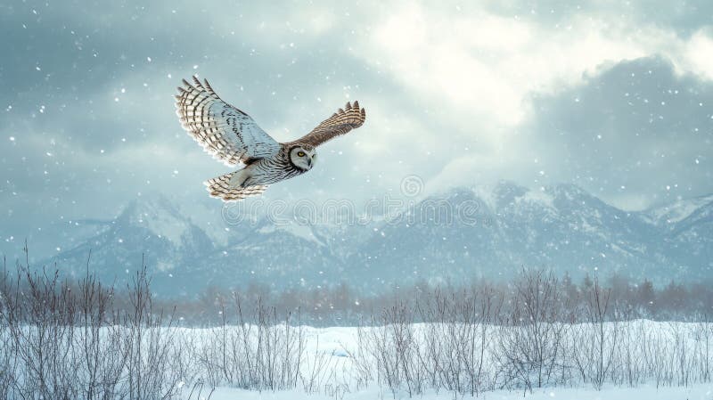 Snowy Owl Soaring Over a Mountain Range in Winter Stock Illustration ...