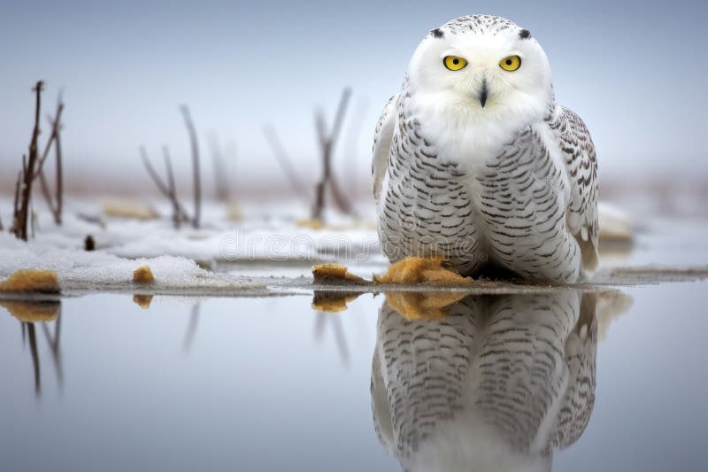 A Snowy Owl Staring at Its Reflection on a Frozen Lake Stock Photo ...