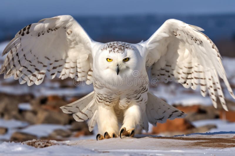 Snowy Owl with Wings Spread Wide, Swooping Down on Prey Stock Photo ...