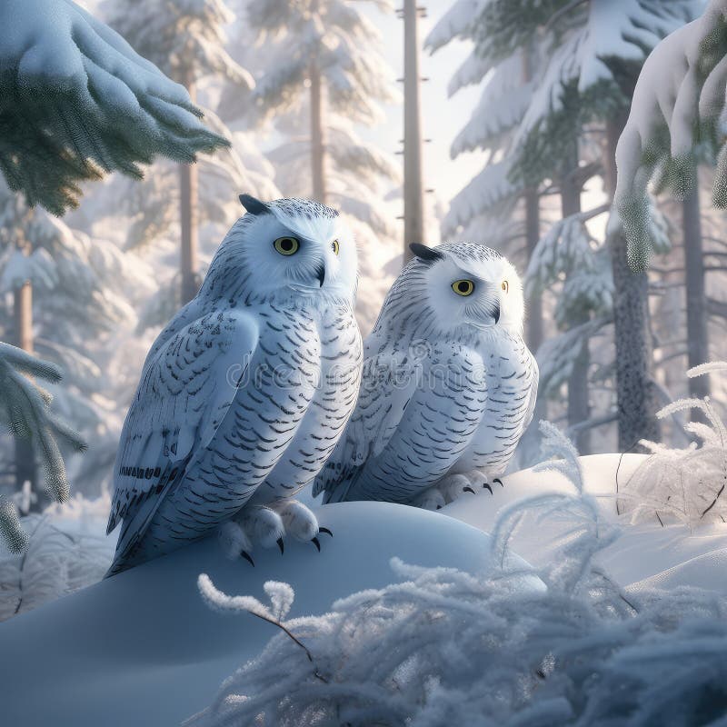Snowy Owls in the Winter Forest,Two Snowy Owl Sits in the Snow,AI ...