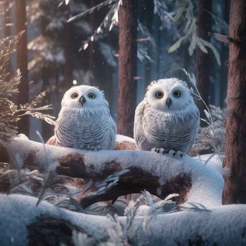 Snowy Owls in the Winter Forest,Two Snowy Owl Sits in the Snow,AI ...