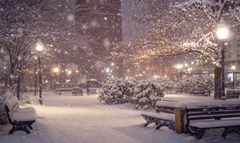 A Snowy Park with a Bench and a Lamp Post Stock Image - Image of frost ...