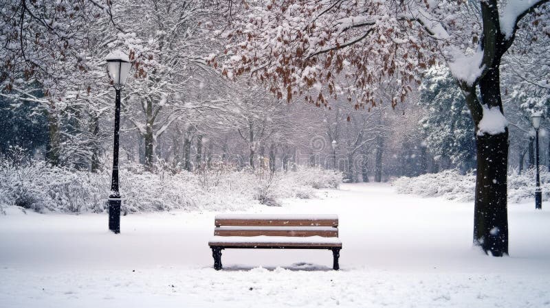 Snowy Park Bench with Lamppost and Trees Stock Illustration ...