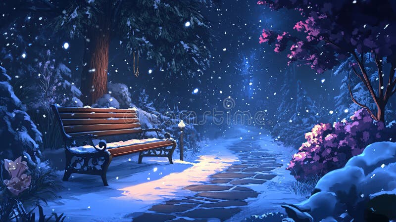 Snowy Park Bench Night Scene; Winter Wonderland Path Stock Image ...