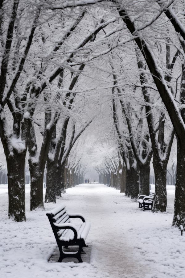 Snowy Park Bench Surrounded by Trees Stock Illustration - Illustration ...