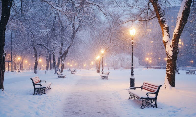A Snowy Park with a Path and Benches Stock Image - Image of street ...