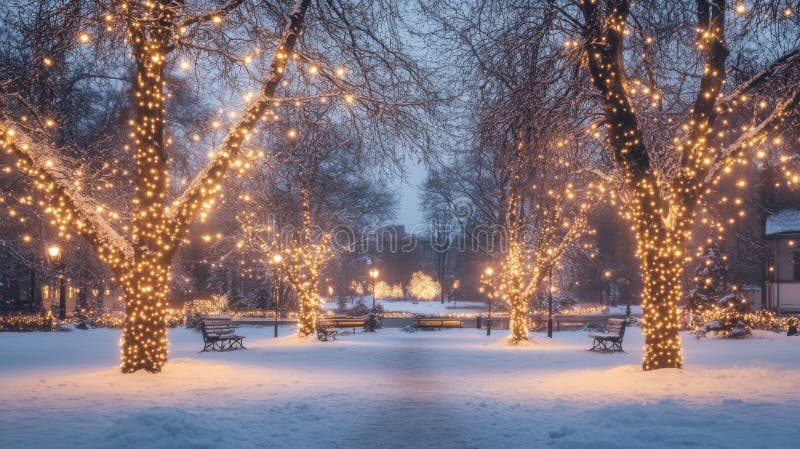 Snowy Park Pathway with Christmas Lights Wrapped Around Trees Stock ...