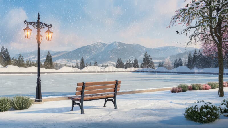Snowy Park Scene with Mountains in Background with Copy-Space Stock ...