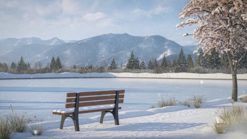 Snowy Park Scene with Mountains in Background Stock Image - Image of ...