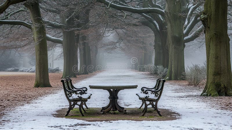 Snowy Park Table and Chairs. Winter Landscape Scene Stock Image - Image ...