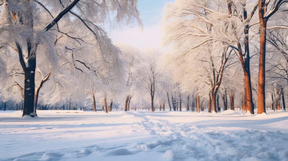 A Snowy Park with Trees and a Path Stock Photo - Image of snow, frozen ...