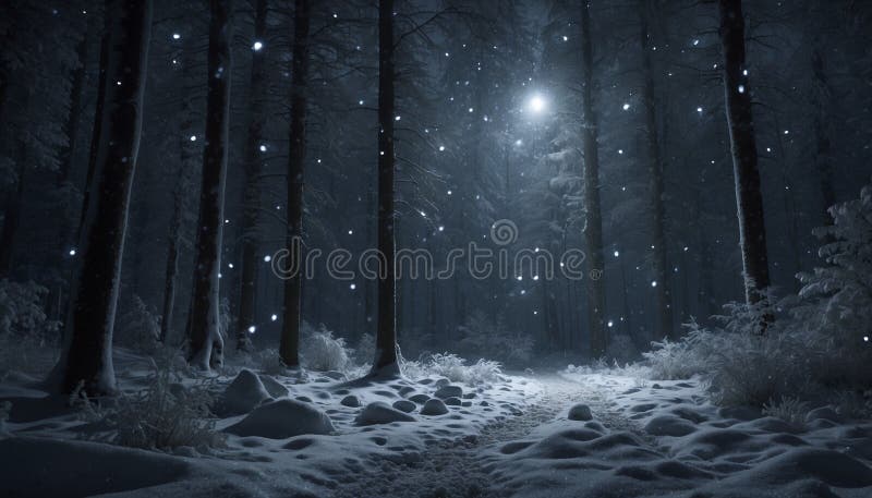 Snowy Path Amidst Forest at Night Stock Illustration - Illustration of ...