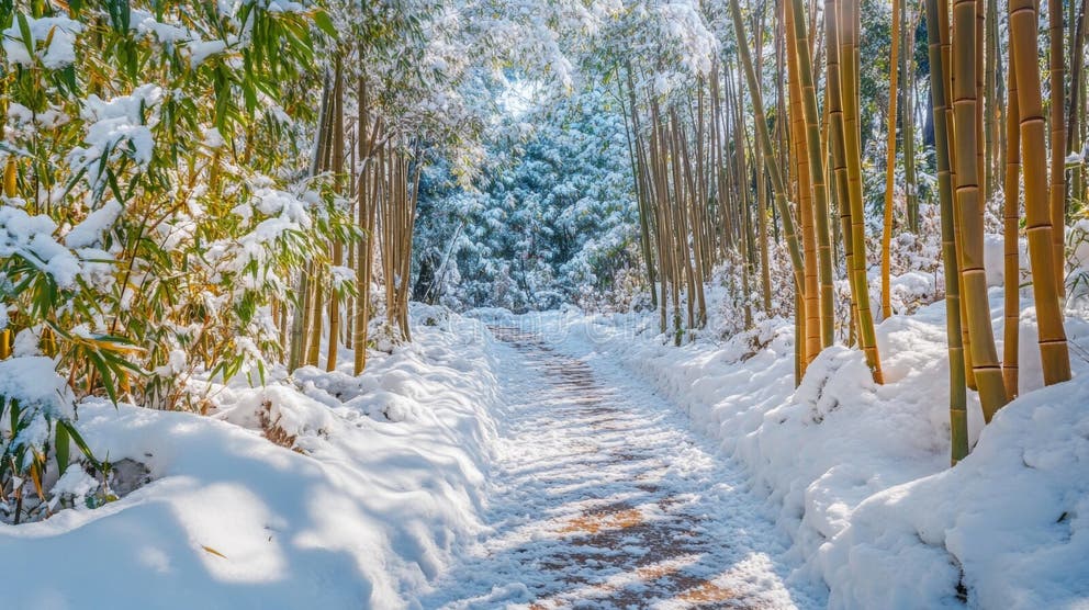 Snowy Path through a Bamboo Forest Stock Illustration - Illustration of ...