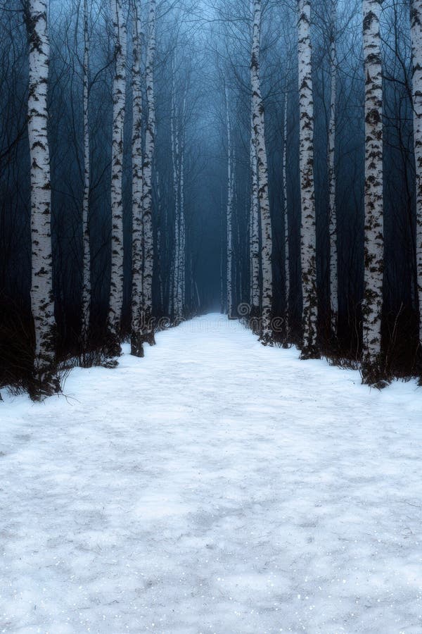 Snowy Path through a Birch Tree Forest in Winter. Stock Illustration ...