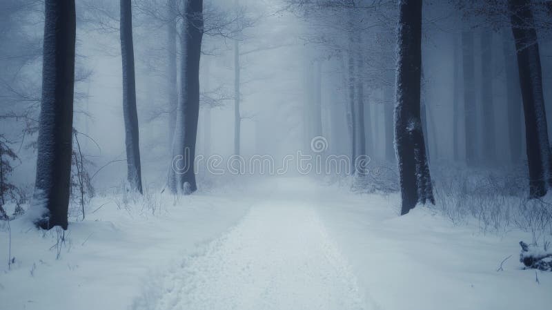 Snowy Path through a Foggy Winter Forest Stock Illustration ...