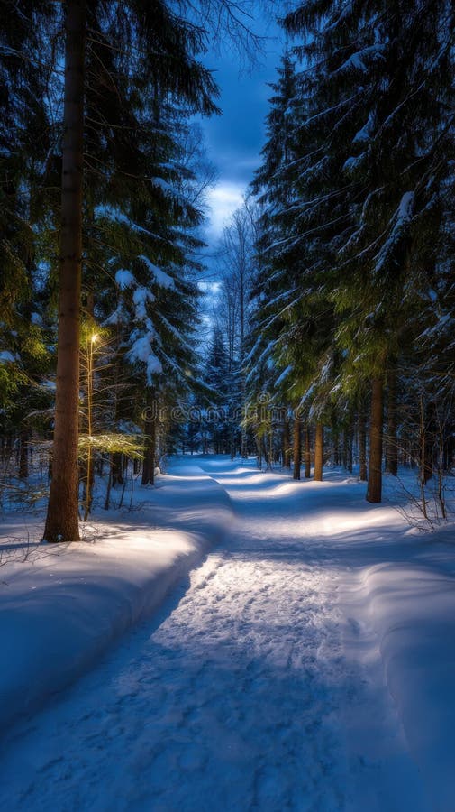 Snowy Path through Forest at Night with Glowing Light, Winter Woodland Scene Stock Photo - Image ...
