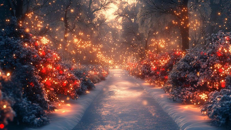 Snowy Path is Illuminated by Christmas Lights Stock Illustration ...