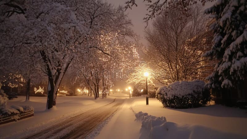 Snowy Path Illuminated at Night in Winter Park Stock Illustration ...