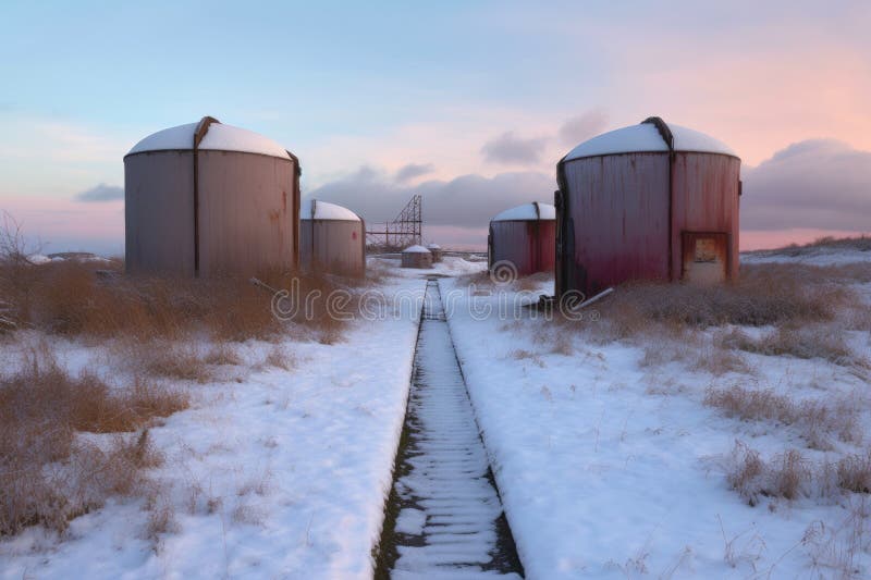 Snowy Path Leading To Empty Fuel Storage Tanks Stock Illustration ...