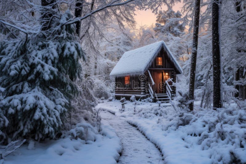 Snowy Path Leading To a Wood Cabin Stock Image - Image of solitude ...