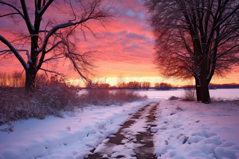 Snowy Path Leading Towards Winter Solstice Sunset Stock Illustration ...