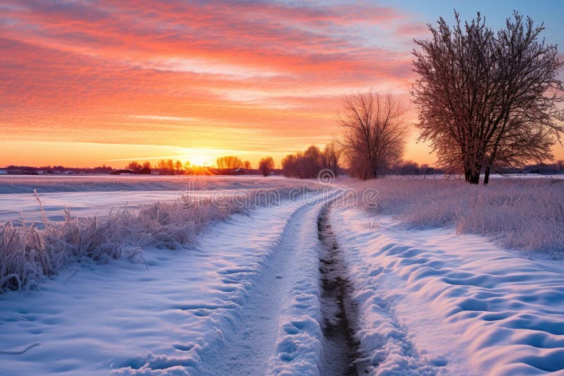 Snowy Path Leading Towards Winter Solstice Sunset Stock Illustration ...