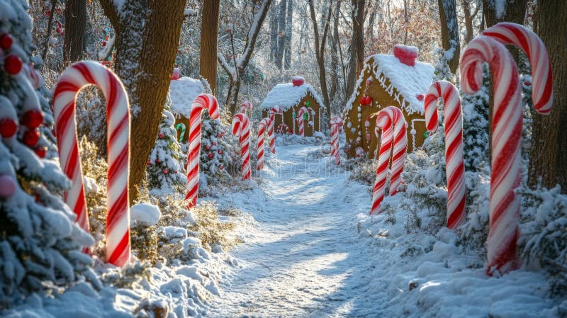 A Snowy Path Lined with Candy Canes and Gingerbread Houses Stock ...