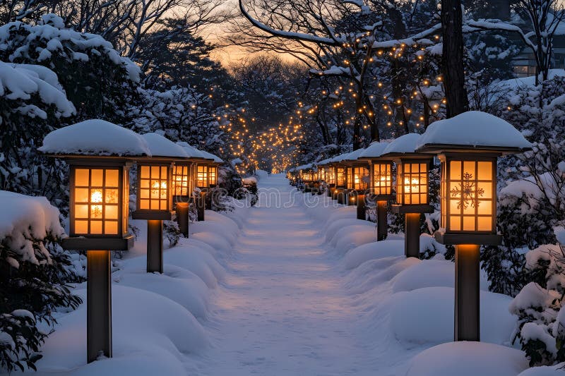 A Snowy Path Lined with Traditional Japanese Lanterns, Illuminated by ...