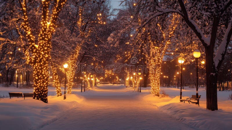 A Snowy Path Lined with Trees Decorated with Christmas Lights Stock ...