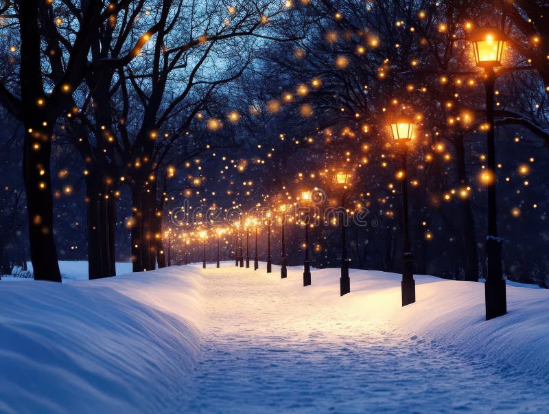 Snowy Path Lined with Twinkling Lights at Dusk Stock Illustration ...