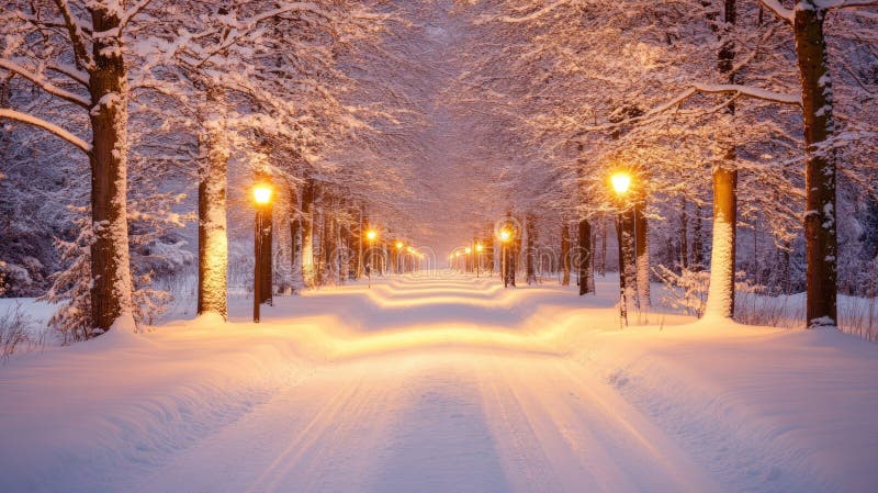 Snowy Path Lit by Streetlights in a Winter Forest Stock Illustration ...