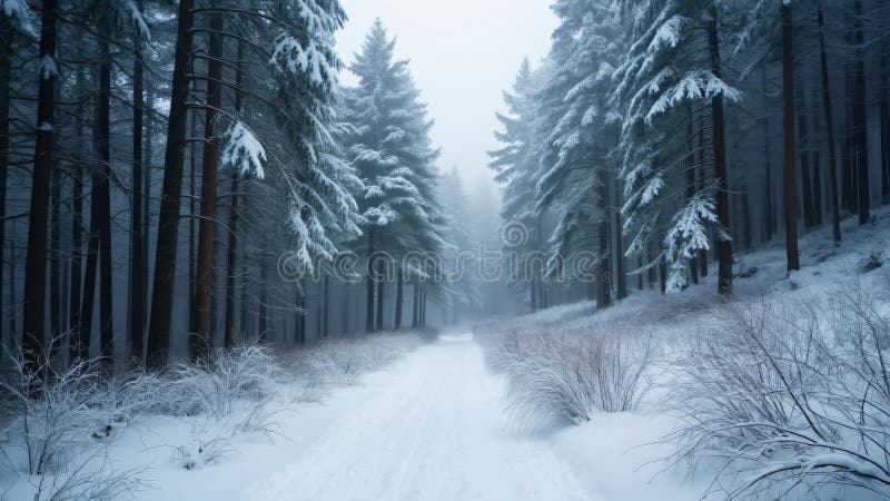 Snowy Path through a Misty Winter Forest, High-Resolution Image of a ...