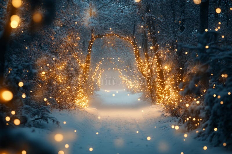 Snowy Path at Night Surrounded by Glowing Christmas Trees Stock Image ...