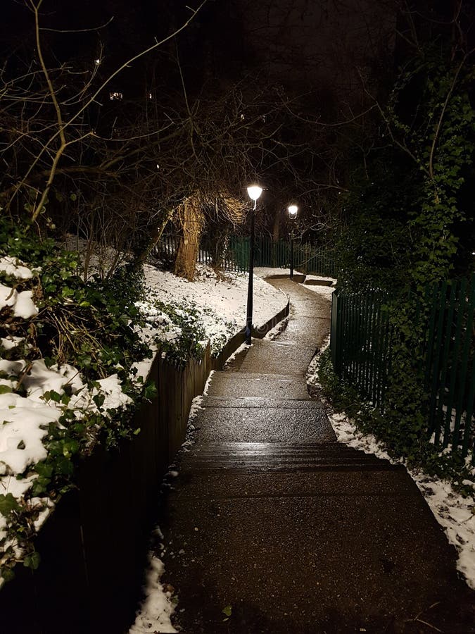 Snowy path at night time stock image. Image of evening - 123632021