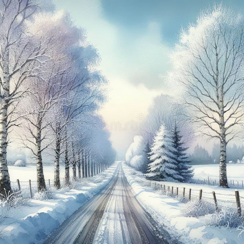 Snowy Path through Pine Forest Stock Illustration - Illustration of ...