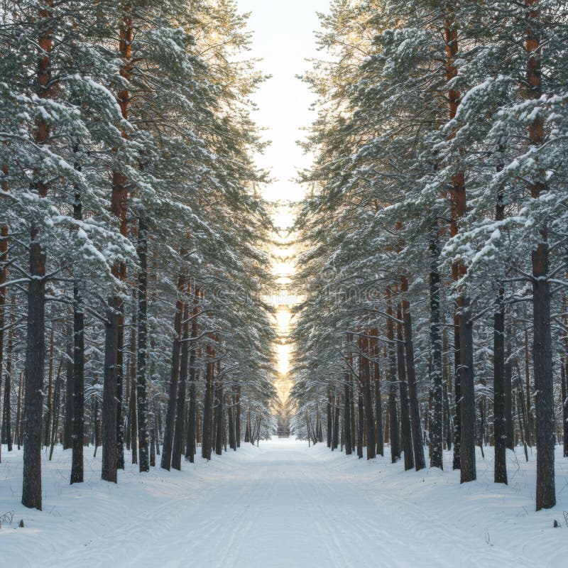 Snowy Path through a Pine Forest at Sunset Stock Illustration ...