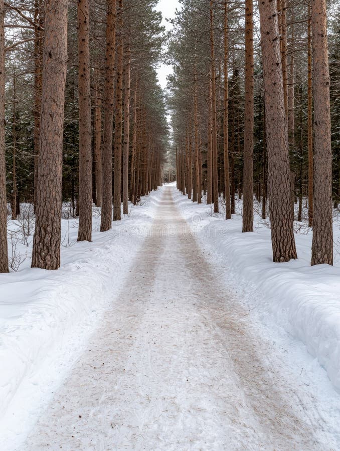 Snowy Path through a Pine Tree Forest Stock Illustration - Illustration ...