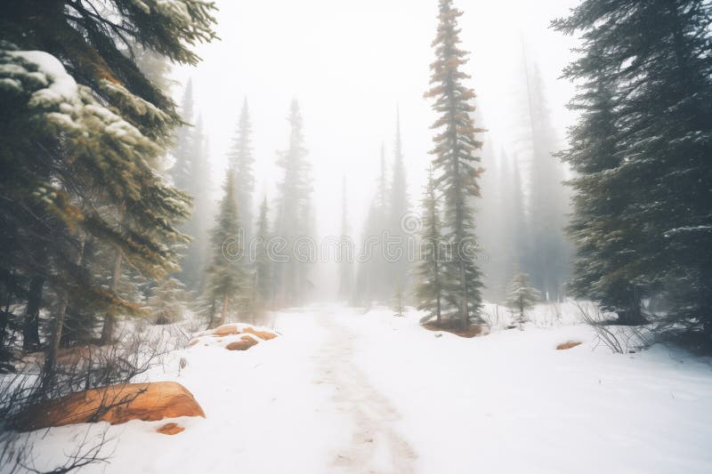 Snowy Path with Pine Trees Fading into Fog Stock Illustration ...