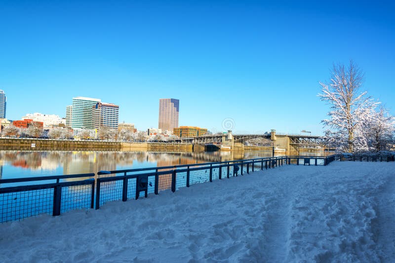 Snowy Path in Portland stock image. Image of snow, downtown - 84308377