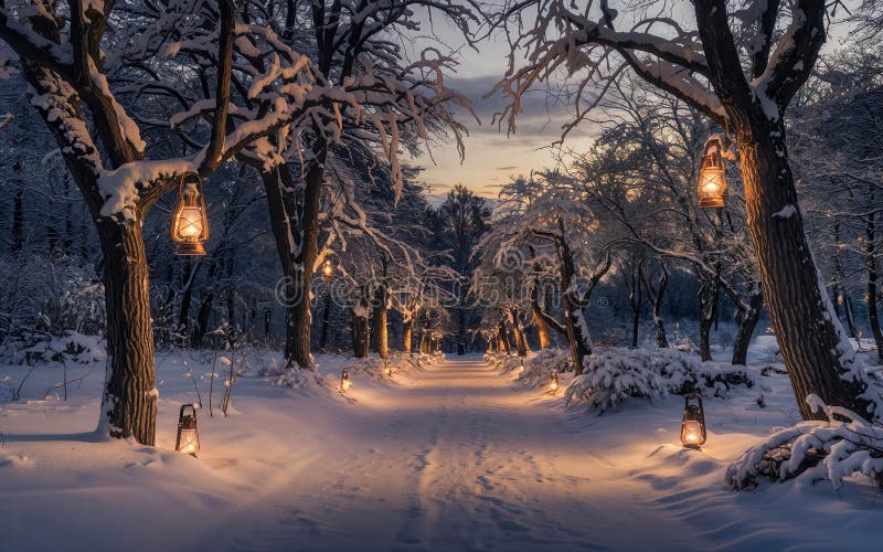 Snowy Path at Sunset Illuminating Winter Forest with Hanging Lanterns ...