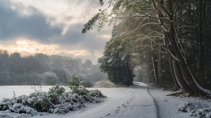 Snowy Path through Winter Woods at Sunset, Snow High Quality Image ...