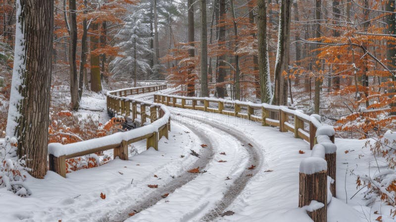 A Snowy Path through a Wooded Area with Trees and Fences, AI Stock ...